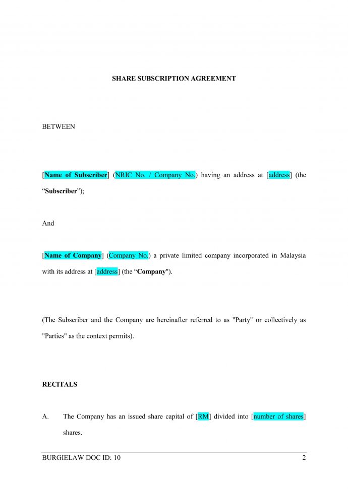 Share Subscription Agreement Template - BurgieLaw