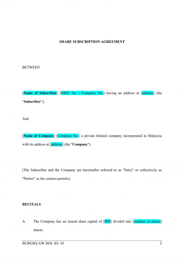Share Subscription Agreement Template - BurgieLaw