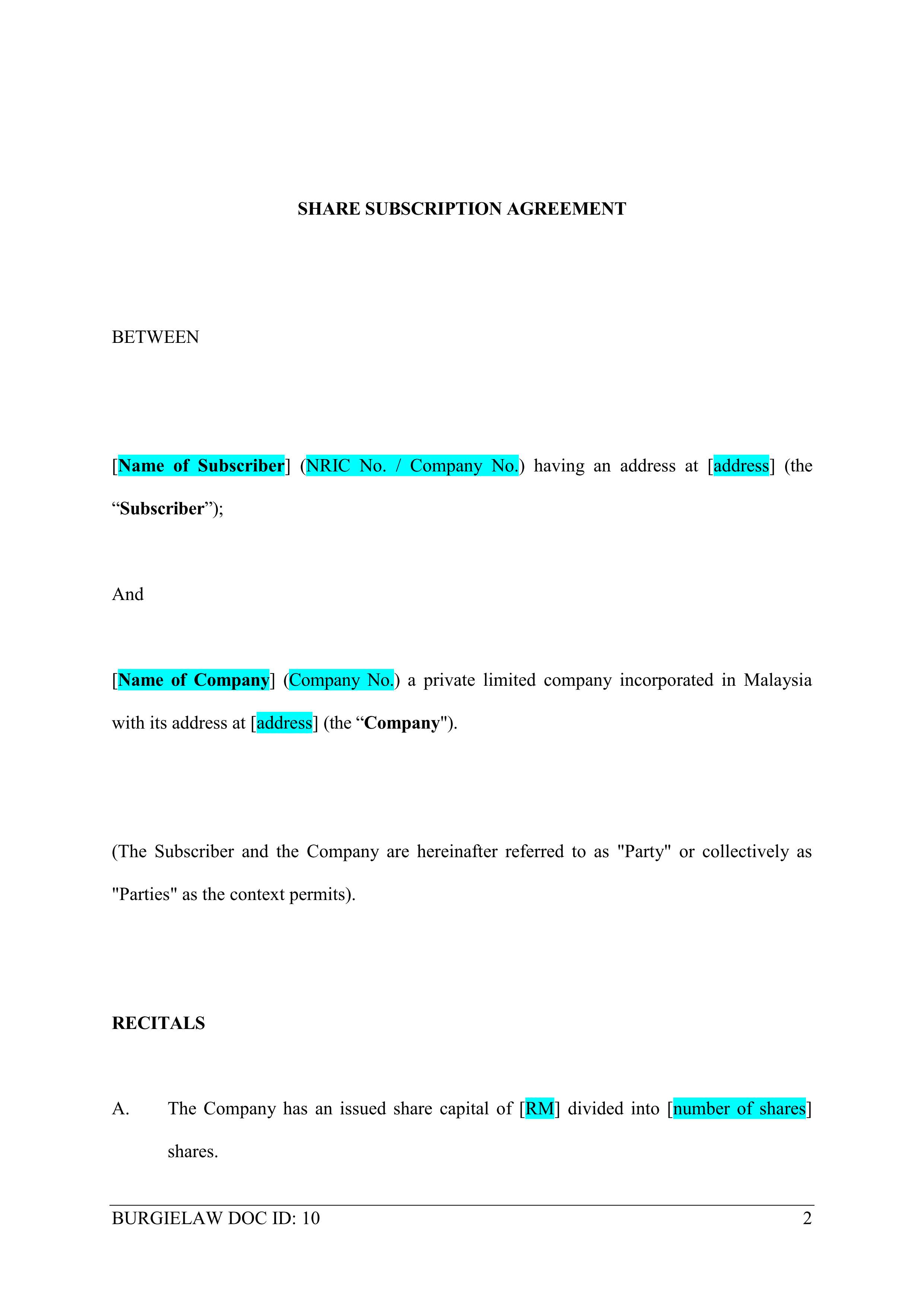 Share Subscription Agreement Template BurgieLaw