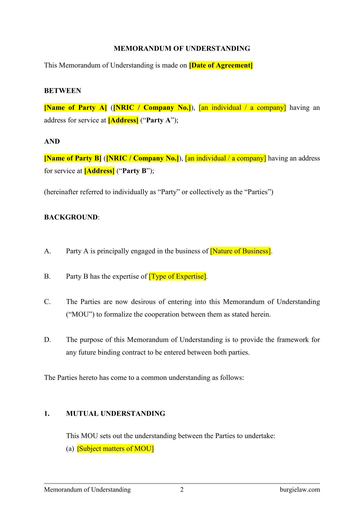 Memorandum Of Understanding Template BurgieLaw