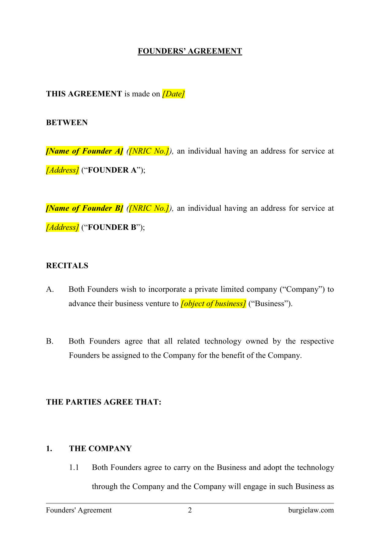 Founders Agreement Template BurgieLaw Founders Agreement Template BurgieLaw