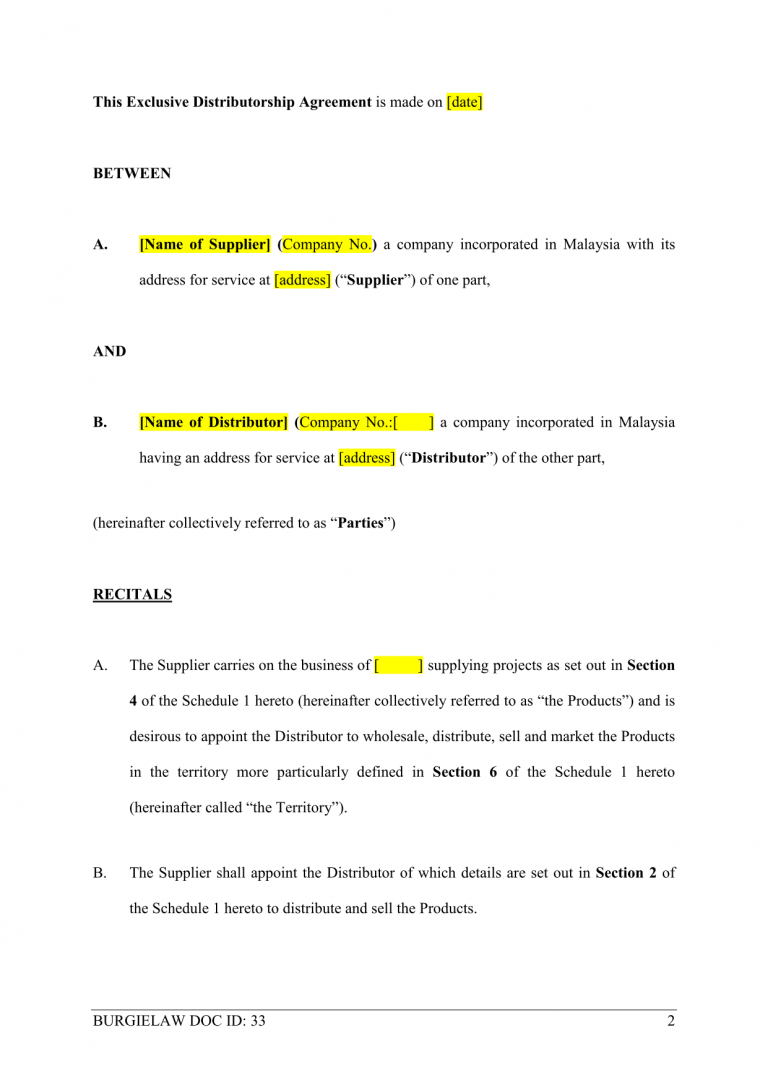 Exclusive Distributorship Agreement Template - BurgieLaw