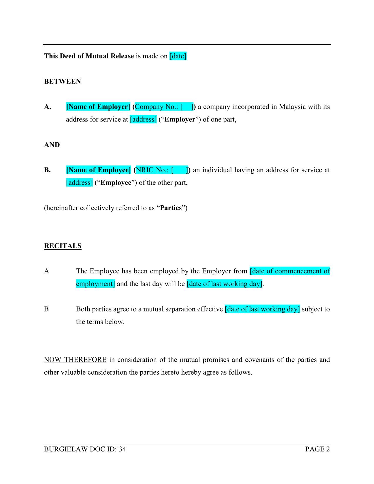 Deed Of Mutual Release Employment Termination Template BurgieLaw Deed Of Mutual Release Employment Termination Template BurgieLaw
